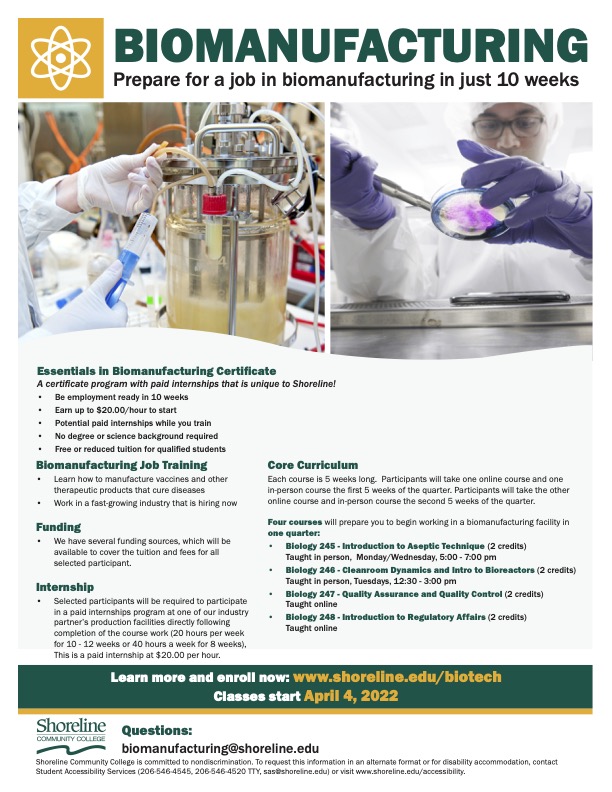 Shoreline Biomanufacturing PAID Internship – Day at a Glance