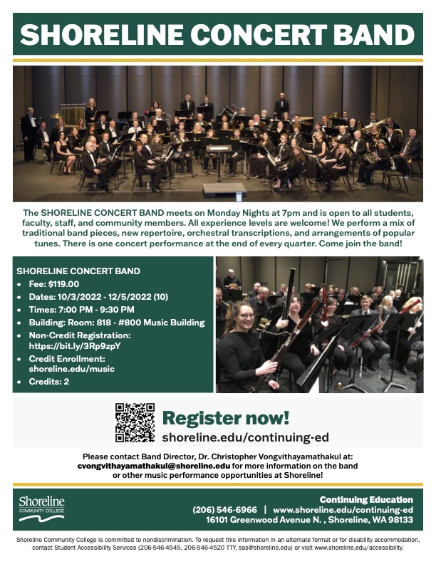 Shoreline Concert Band meets Monday Nights at 7pm! – Day at a Glance